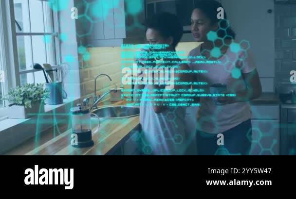 Hexagonal network animation over two women preparing coffee in kitchen. Technology, digital ...