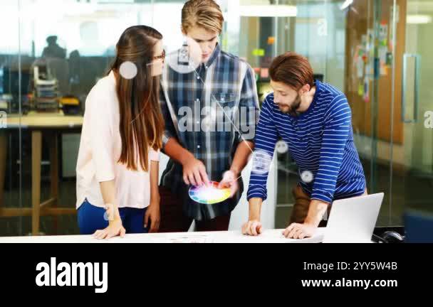 Business people collaborating over digital communication icons ...