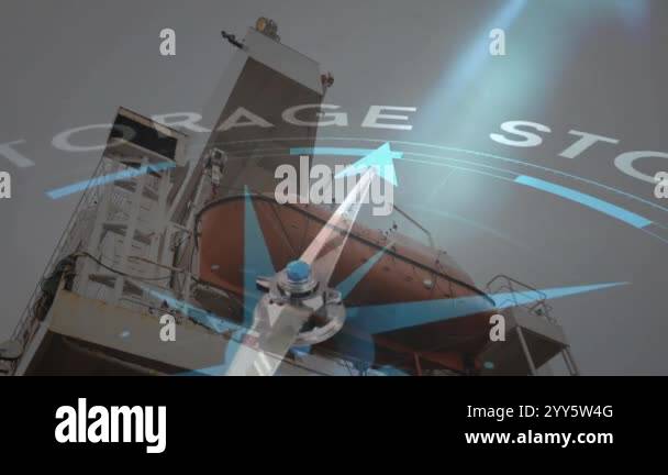 Cloud storage animation over industrial ship with cranes and containers ...