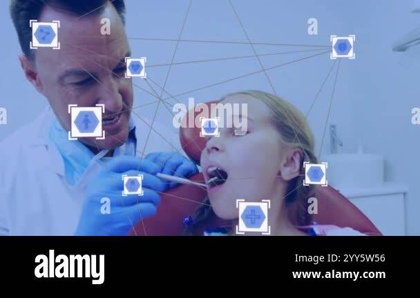 Dentist examining child's teeth with medical icons and network ...