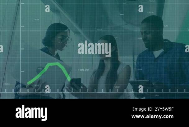 Financial graph animation over diverse colleagues discussing work in ...