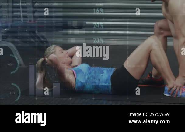 Exercising in gym, animated fitness data overlaying people working out ...