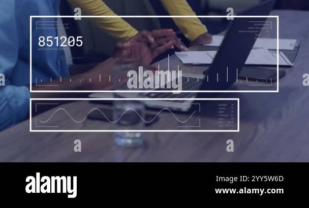 Business data analysis animation over people working with documents and ...