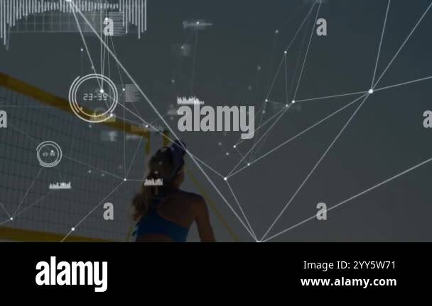 Network connections and data points animation over beach volleyball ...