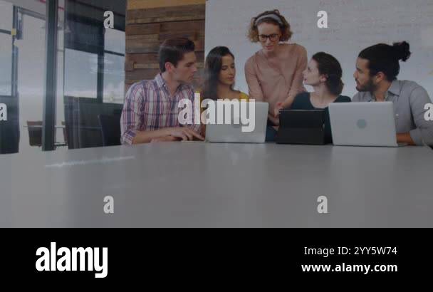 Data Analysis Animation Over Diverse Team Collaborating With Laptops In