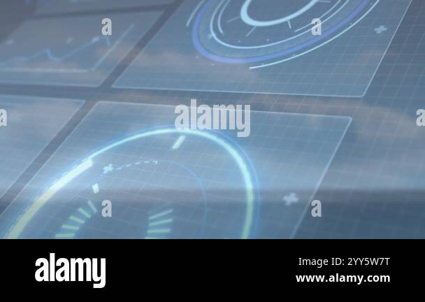 Futuristic data processing animation with graphs and circular interface ...
