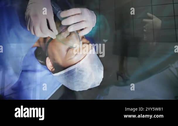Medical procedure animation over patient receiving oxygen mask in ...