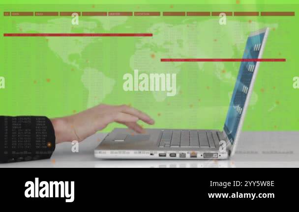 Laptop on desk with network connections and data processing animation over world map. Technology ...