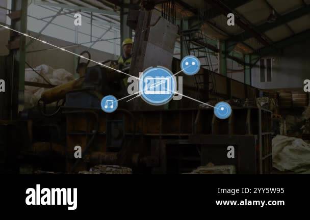 Network of multimedia icons animation over industrial workers operating machinery. Technology ...