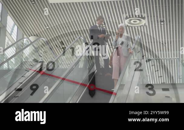 Clock animation over business people descending escalator in modern ...