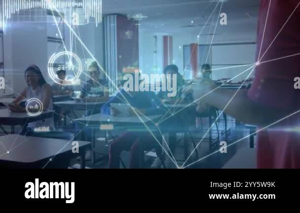 Studying in classroom, students with network connections and data ...