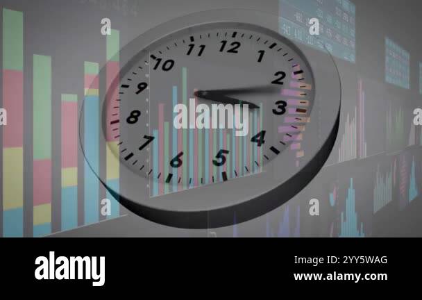 Clock animation overlaying financial data charts and graphs in motion ...