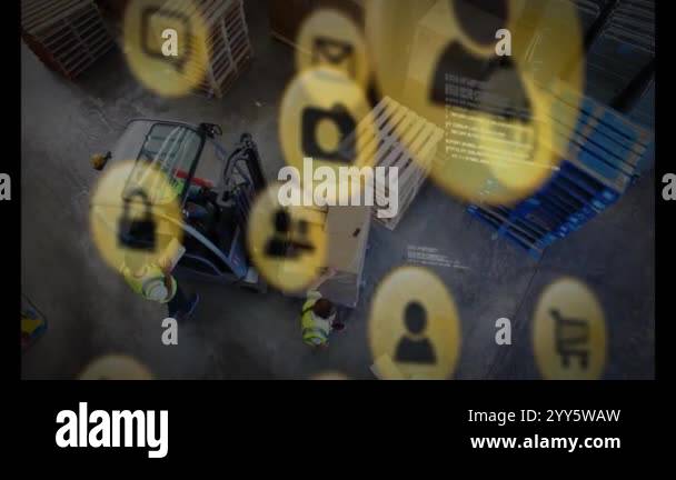Warehouse workers handling boxes with logistics icons animation over ...