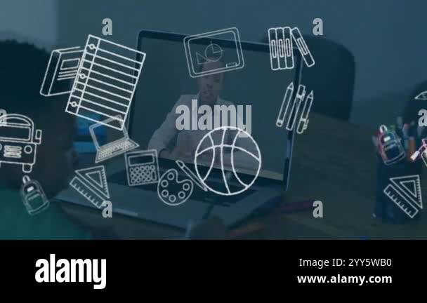 Teaching on laptop screen, educational tools animation displayed. E ...