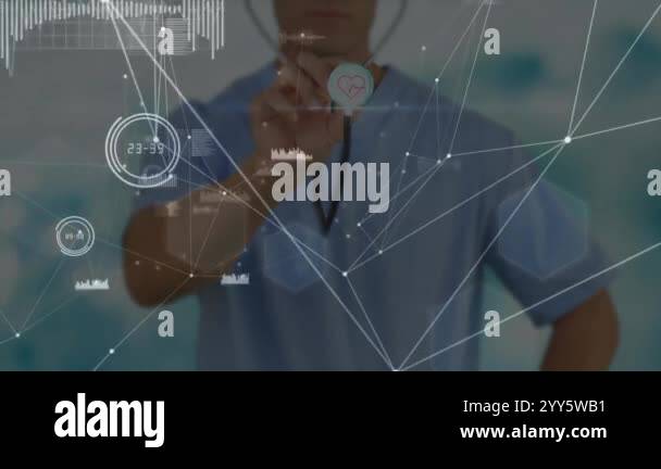 Doctor interacting with holographic medical data animation over ...
