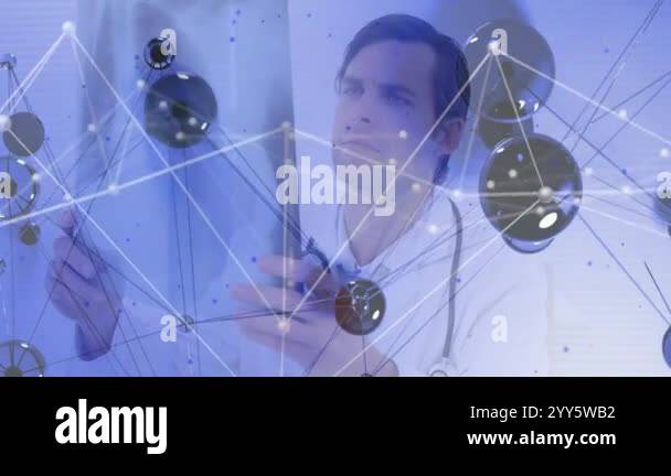 Doctor examining X-ray with network connections and data processing ...