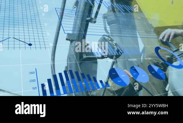 Financial data charts and graphs animation over construction worker ...