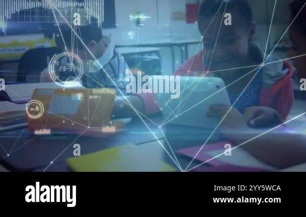 Children using tablets in classroom with network connections animation ...