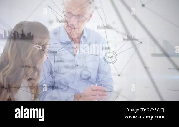 Network connections and data processing animation over people ...