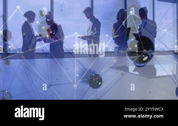 Business people in office with network of connections and data ...