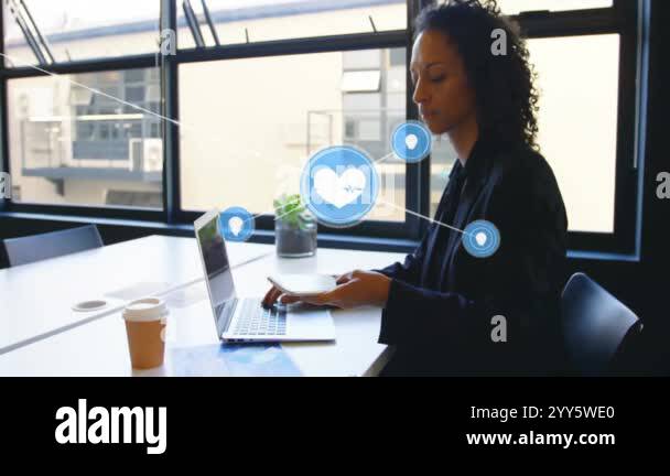 Network of connections and data processing animation over businesswoman ...