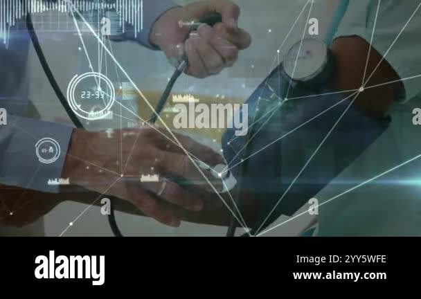 Medical data network animation over doctor measuring patient's blood ...