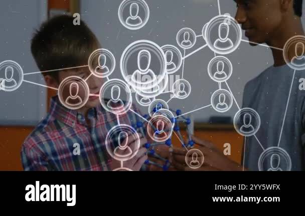 Network of connections animation over students studying molecular model ...