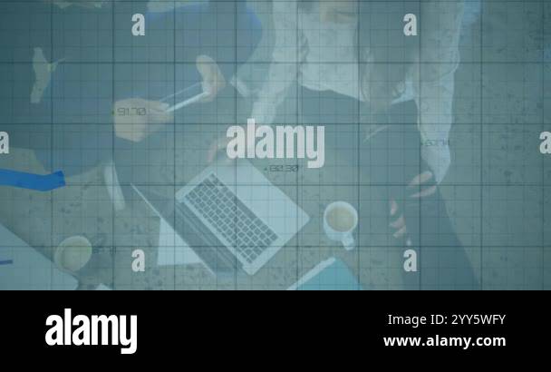 Financial data and graph animation over business meeting with laptop and documents. finance ...