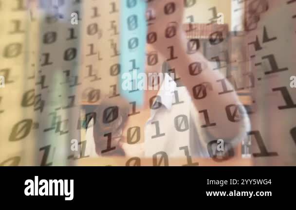 Reading book in library, woman with binary code animation in background. Technology, knowledge ...