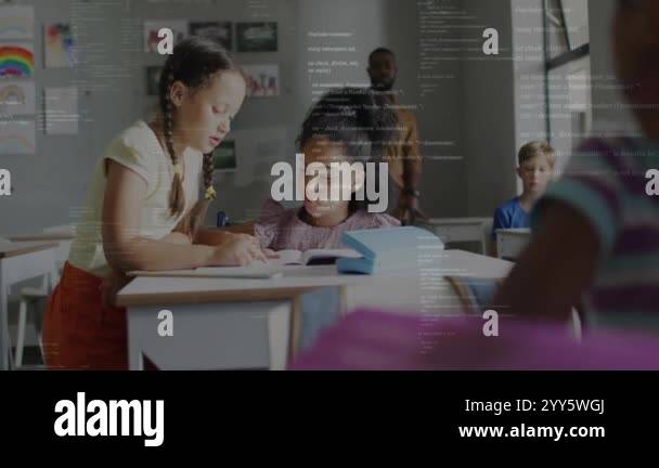 Children studying in classroom with programming code animation over them. Education, technology ...