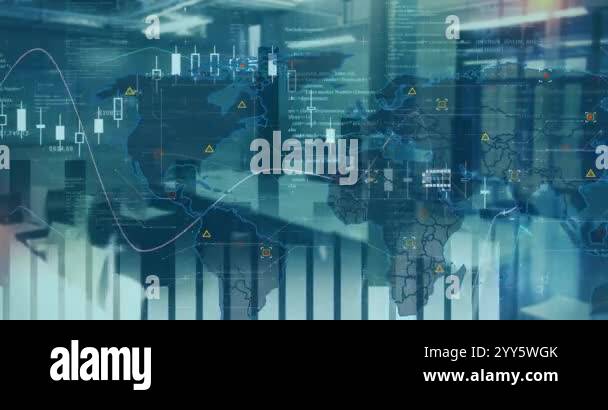 Global financial data and analytics animation over business office ...