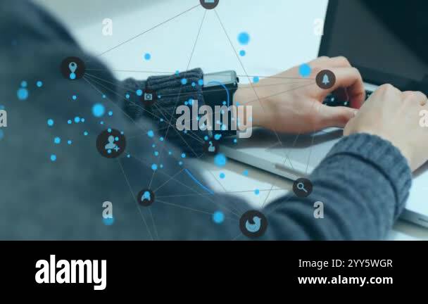 Cybersecurity icons and data protection animation over person typing on ...