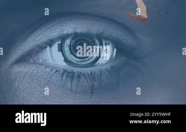 Close-up of human eye with digital interface animation over flying ...