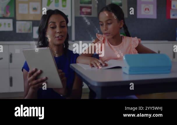 Binary code animation over teacher and student using tablet and reading book. Technology ...