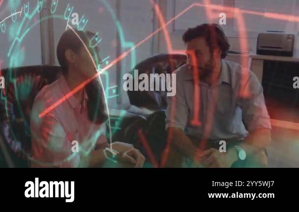 Processing financial data, animation overlay on people working in ...