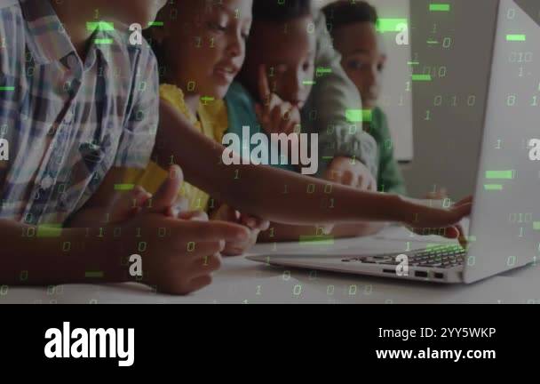 Binary code animation over children using laptop and learning together ...