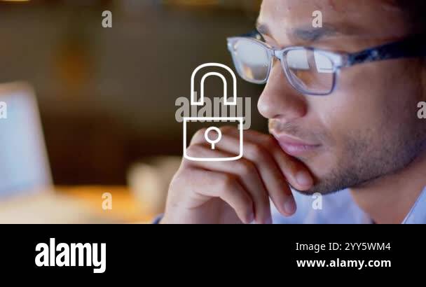 Animated lock and cybersecurity icons over thoughtful person wearing ...