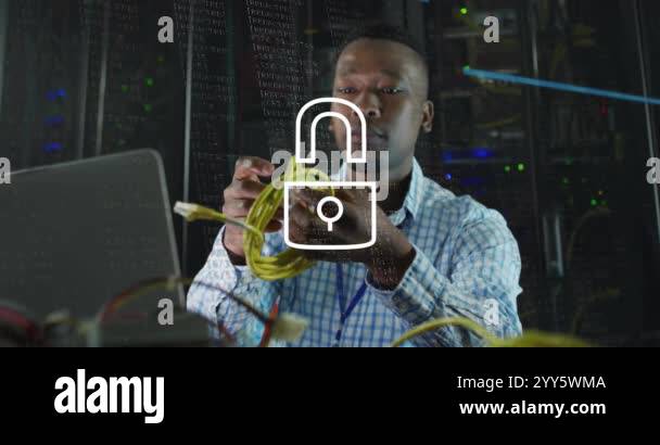 Lock and network security animation over man working with cables in ...