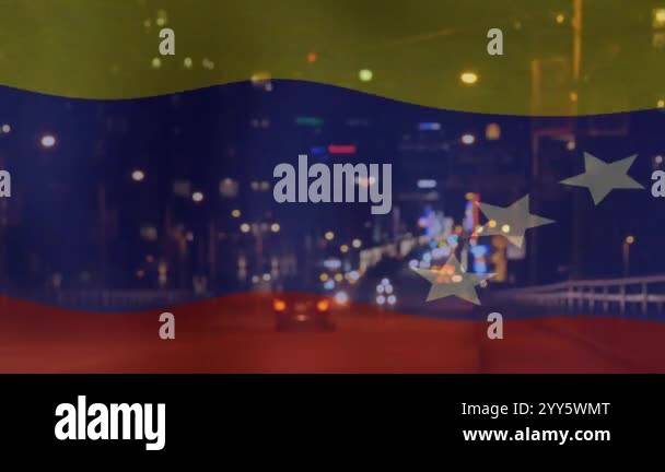 Venezuelan flag animation over city street with night lights and ...