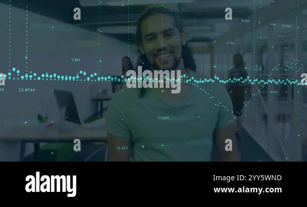 Data points and graph animation over diverse people working in modern ...