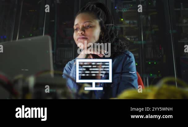 Email communication process animation over woman working on computer in server room. Technology ...