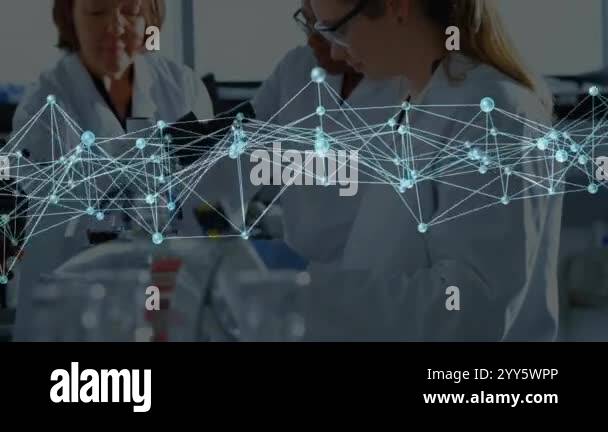Scientists working in laboratory with network connections and data processing animation. Science ...