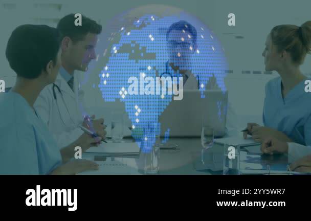 Meeting in hospital, doctors discussing with digital globe animation ...