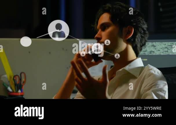 Talking on phone, man surrounded by network connections animation in ...