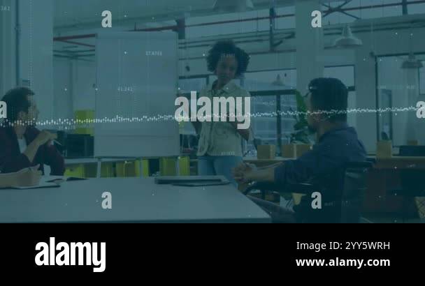 Business data analytics animation over diverse team having meeting in ...