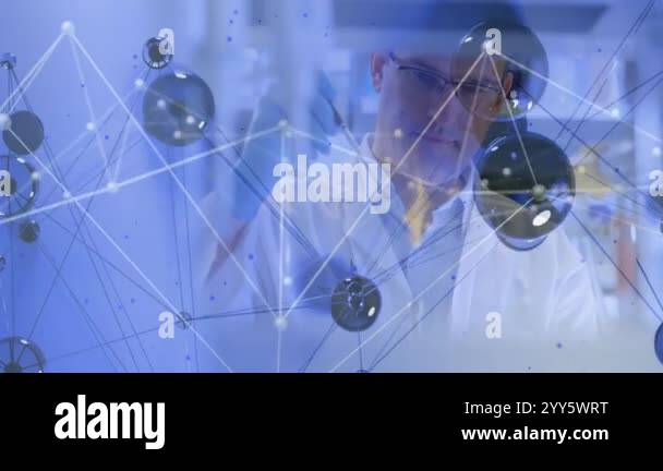 Working in laboratory, scientist analyzing molecular structure with animation overlay. Science ...