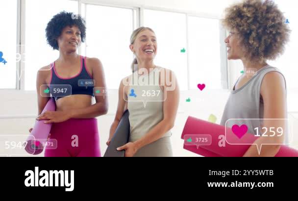 Holding yoga mats and talking, women with social media likes and ...