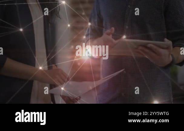 Network connections and data exchange animation over people discussing ...