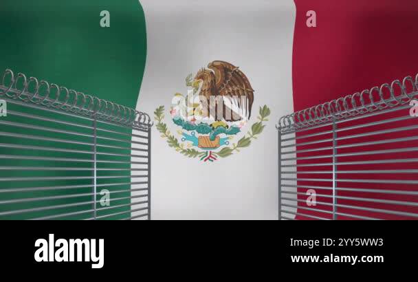 Mexican flag with eagle and snake animation over metal fence ...