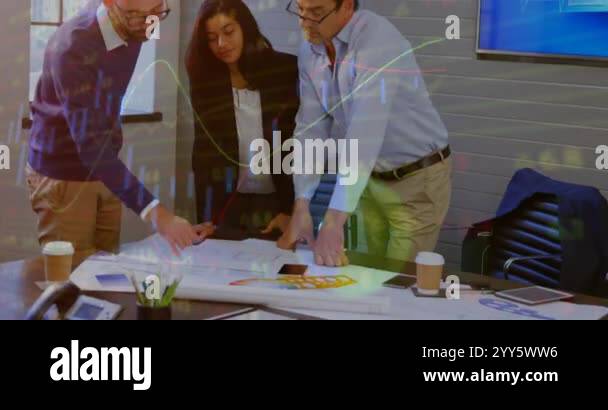 Analyzing blueprints, business team with financial data animation over ...